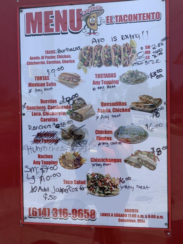 Menu at El Tacontento restaurant, Columbus
