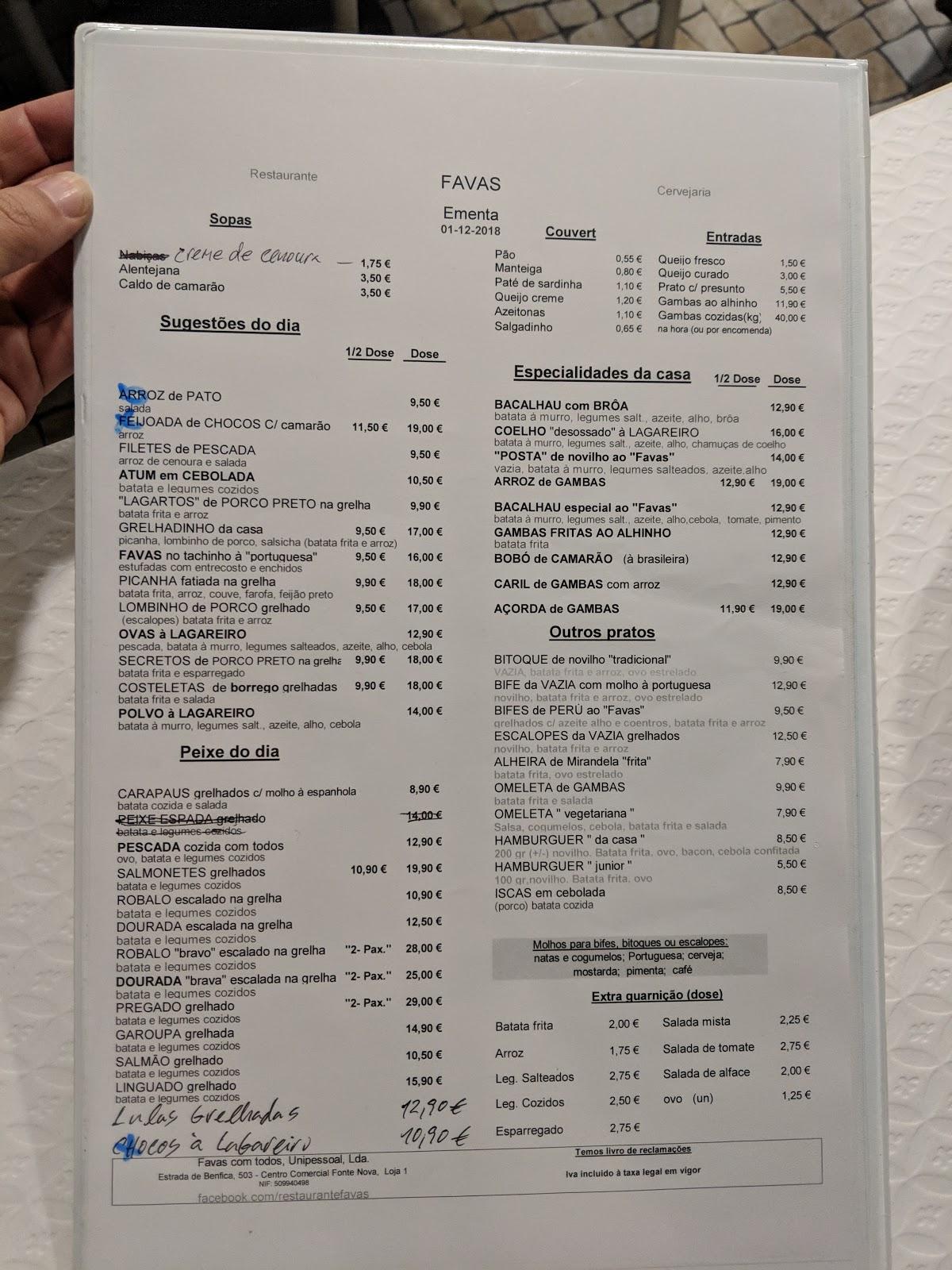 Menu em Favas restaurante, Lisboa, Estrada Benfica 503