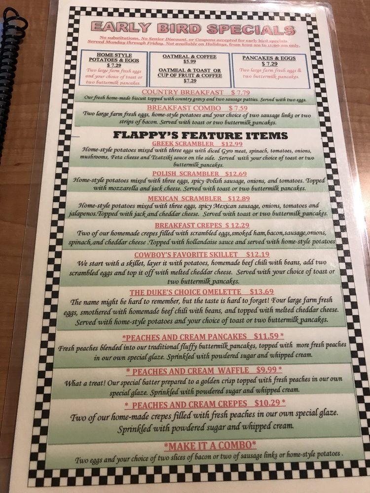 Menu at Flappy Jack's Pancake House restaurant, Glendora
