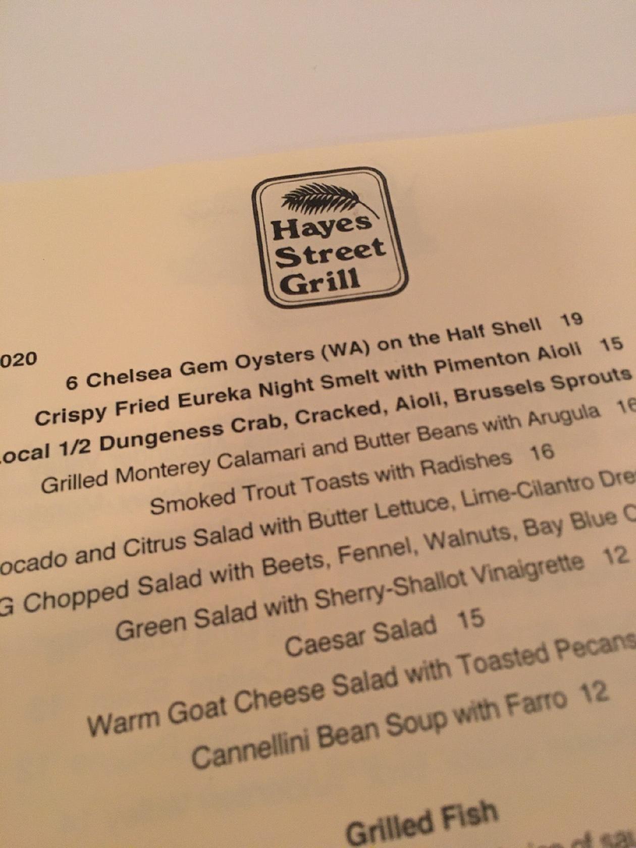 Menu at Hayes Street Grill restaurant, San Francisco, 320 Hayes St