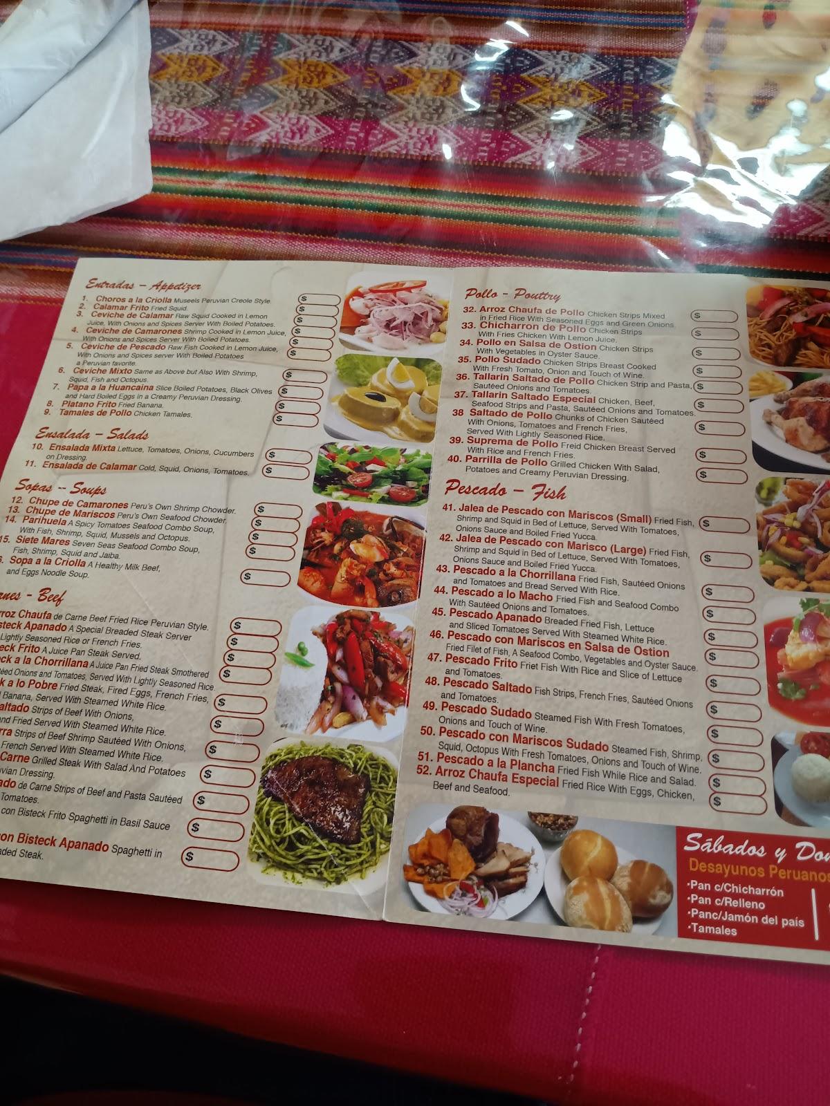 Menu at LOS ANDES PERUVIAN RESTAURANT, South Gate