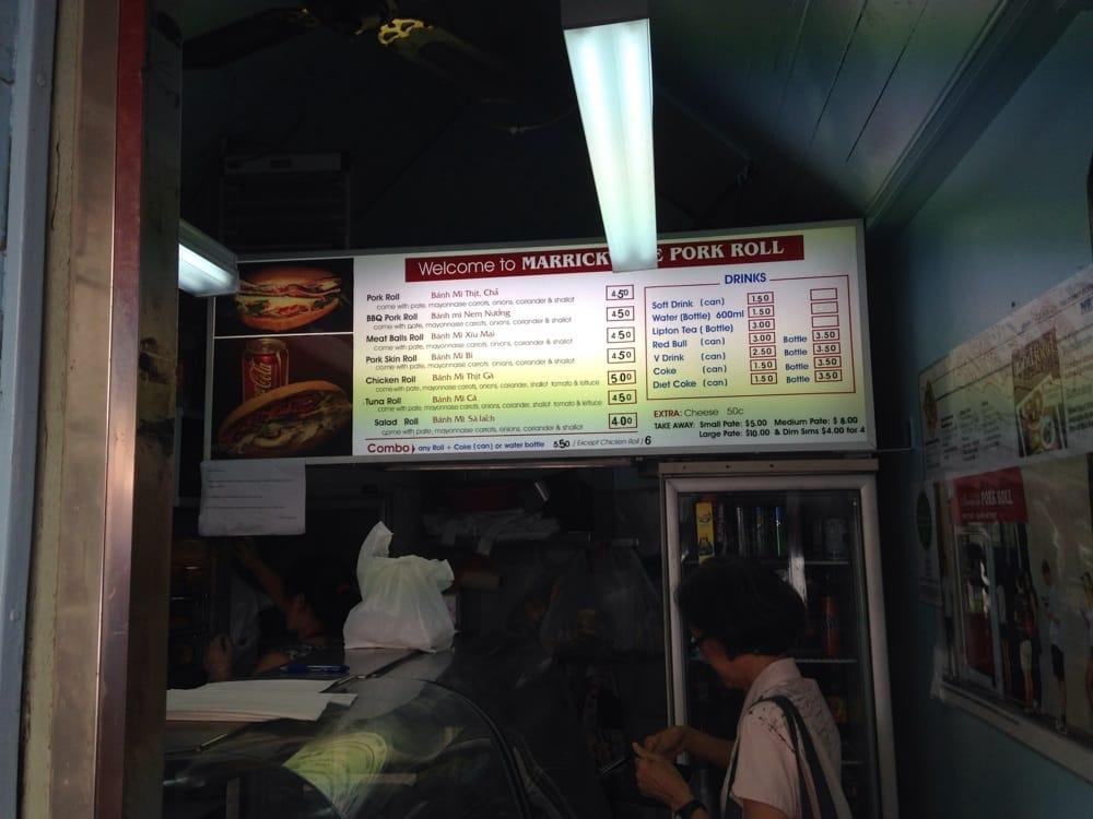 Menu at Marrickville Pork Roll fast food, Marrickville, 236 Illawarra Rd