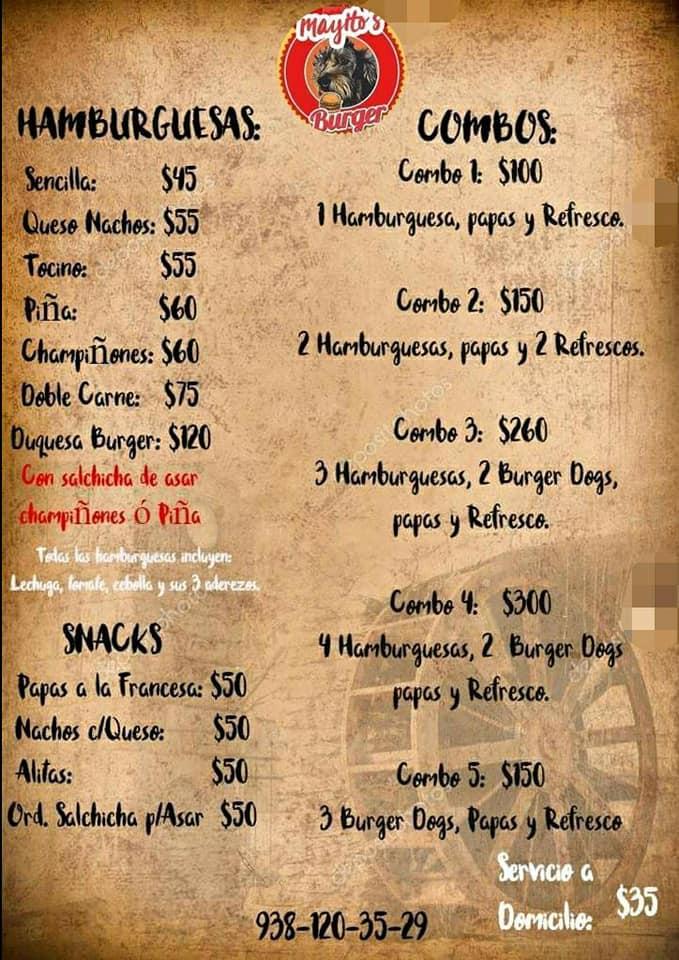 Menu at Mayitos Burger restaurant, Ciudad del Carmen