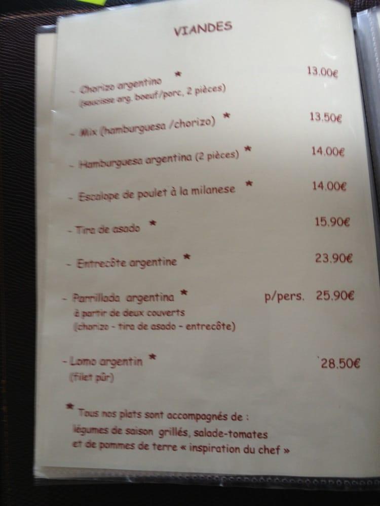 Menu at Mi Tango, Brussels, Rue de Spa 31