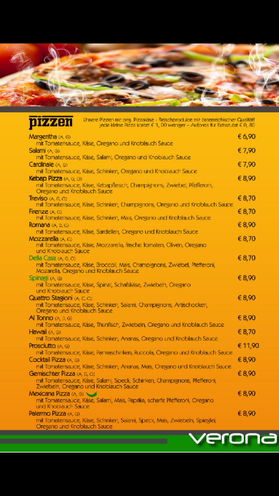 Menu at Pizzeria Verona, Ulrichsberg