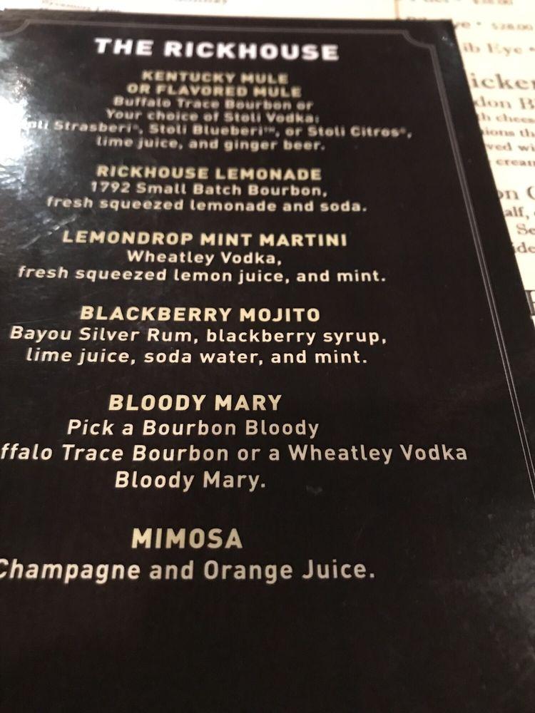 Menu at The Rickhouse steakhouse, Bardstown, Spalding Hall