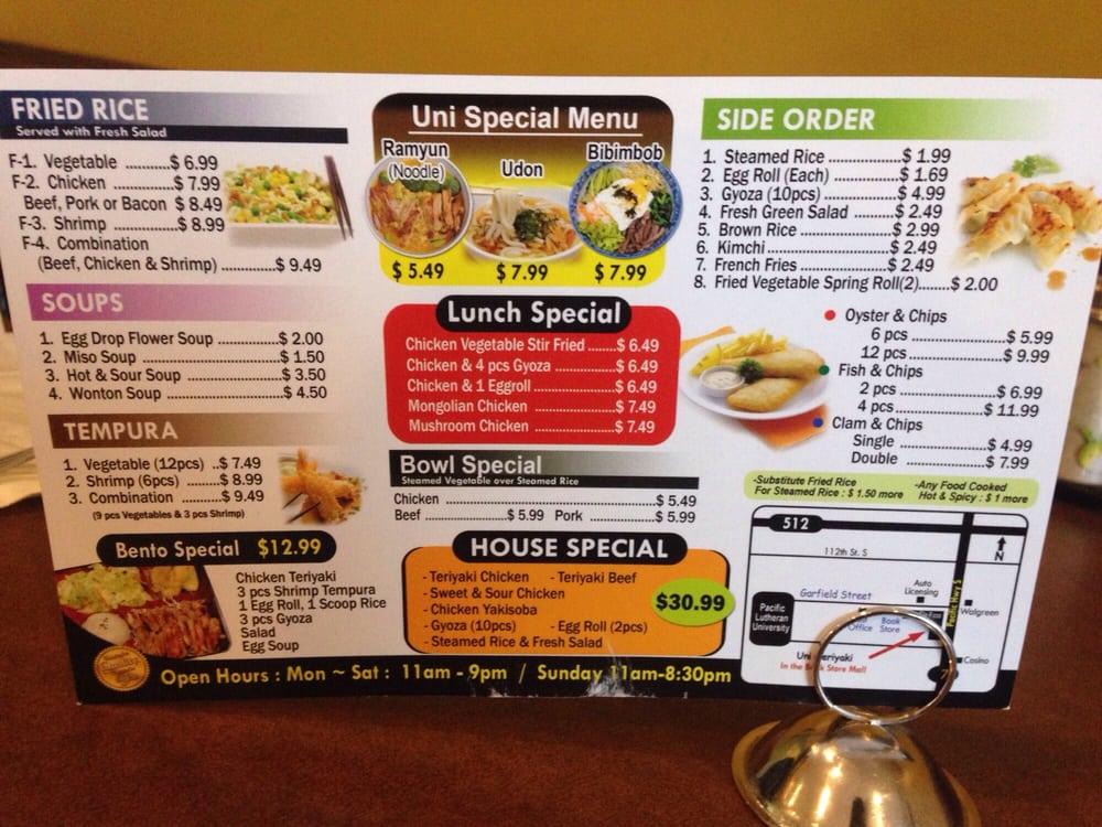 Menu at Uni Teriyaki restaurant, Tacoma