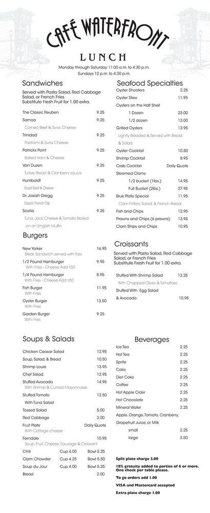 Menu at Café Waterfront pub & bar, Eureka, 102 F St