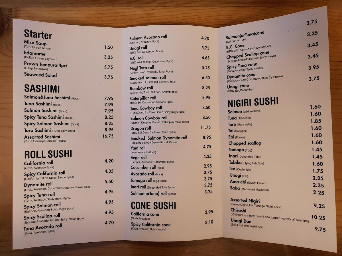 Menu at Maiko Sushi restaurant, Langford