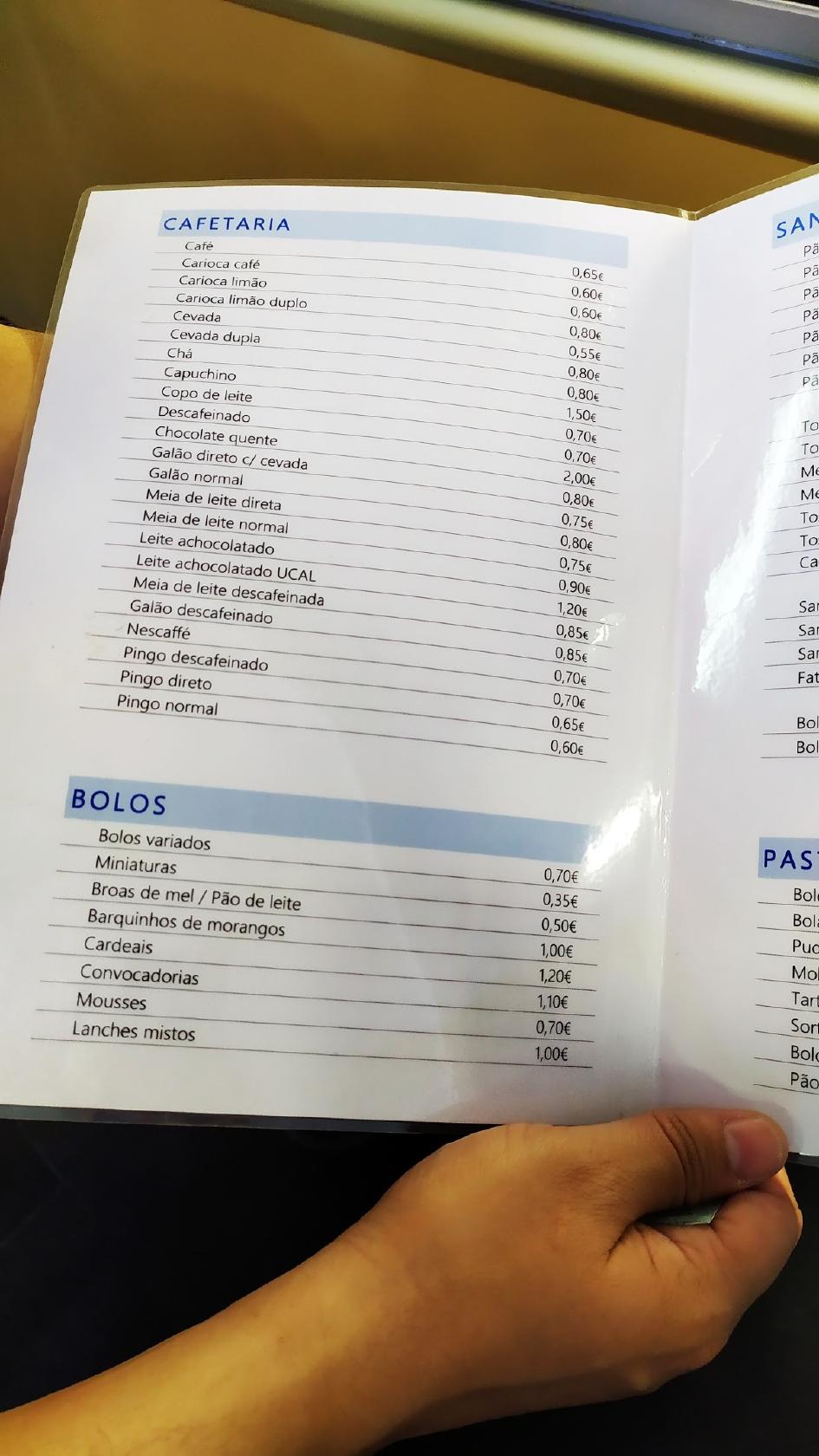 Menu at Pastelaria Silva cafe, Guimaraes
