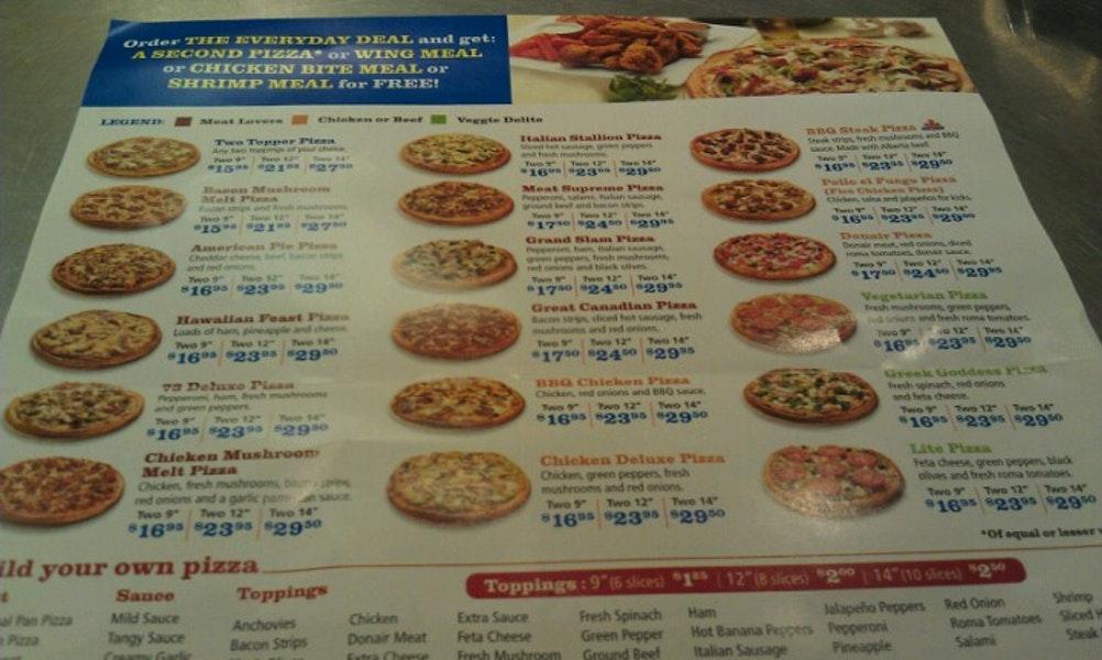 Menu at Pizza 73 pizzeria, Saskatoon, C 8 St E
