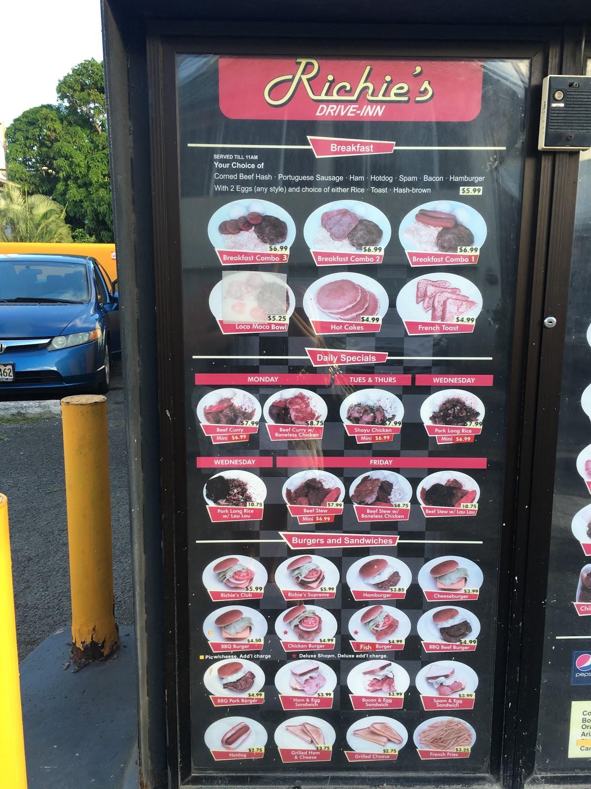 Menu at Richie's Drive Inn restaurant, Honolulu