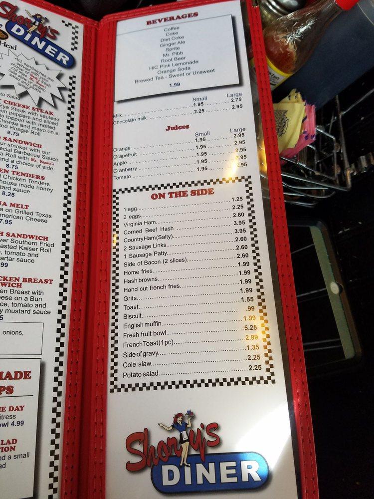 Menu at Shorty's Diner restaurant, Williamsburg