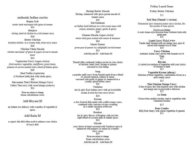 Menu at Thandi restaurant, Saint John