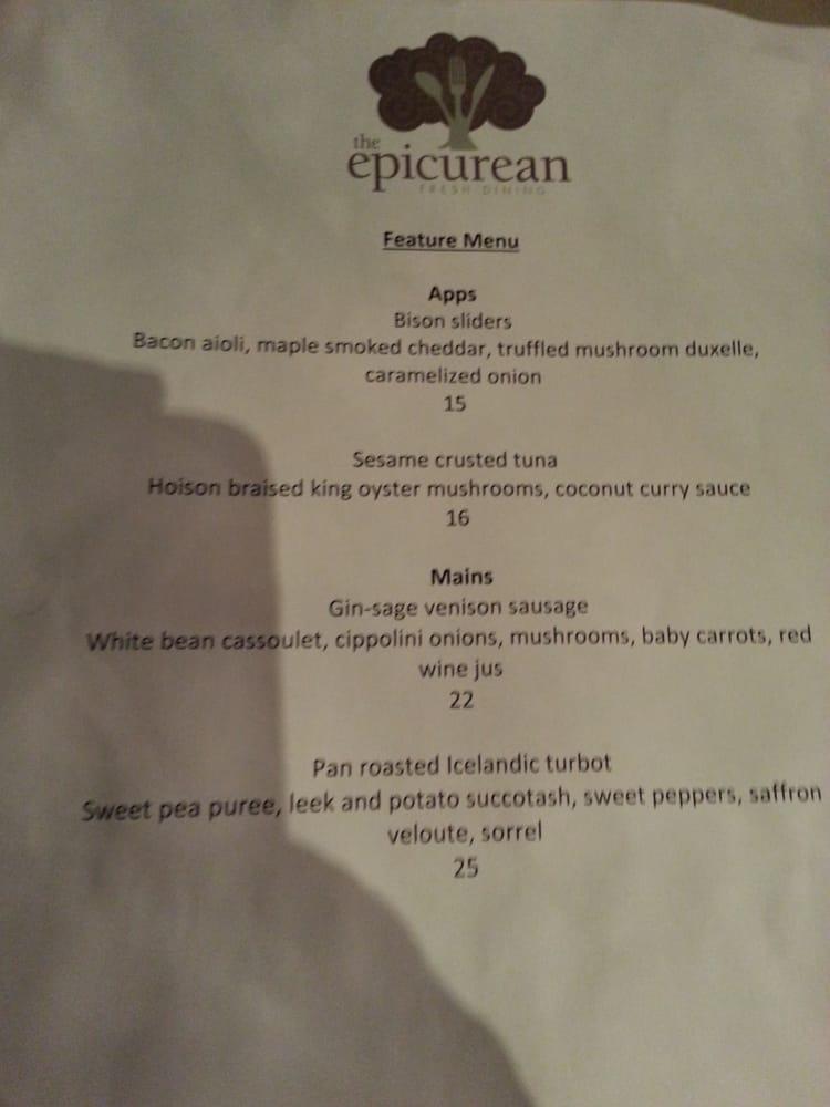 Menu at The Epicurean restaurant, Niagara-on-the-Lake, 84 Queen St
