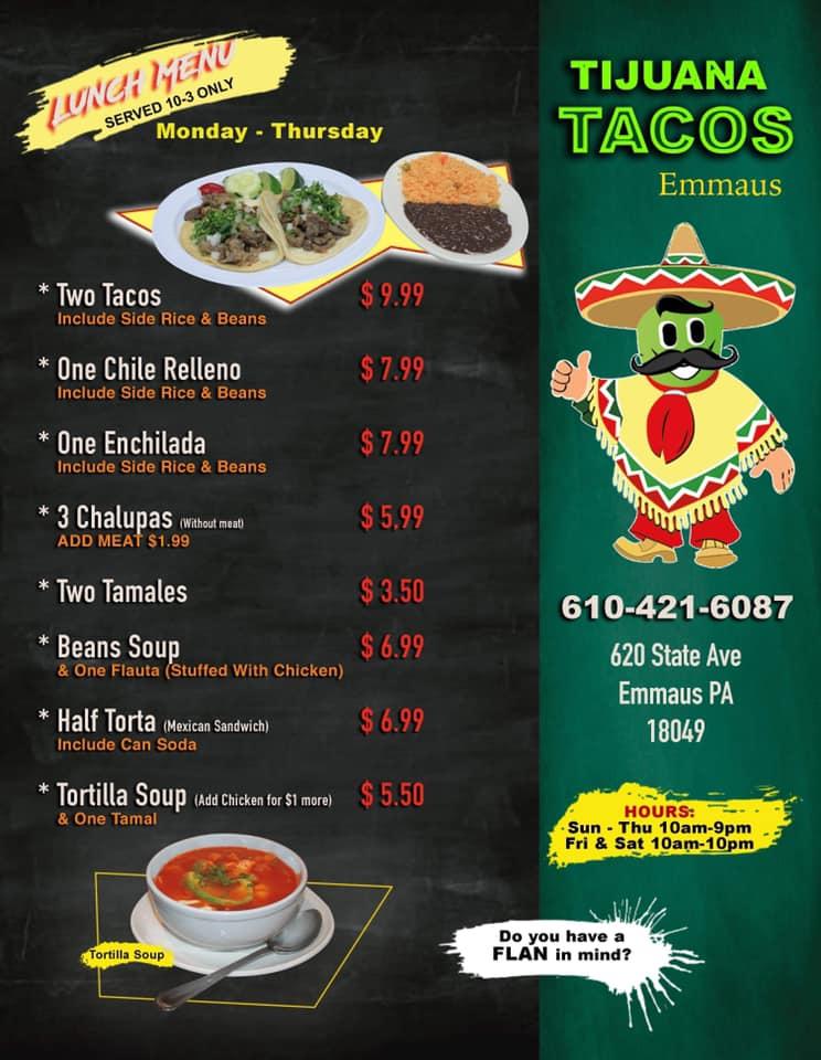 Menu at Tijuana Tacos Mexican Restaurant, Emmaus