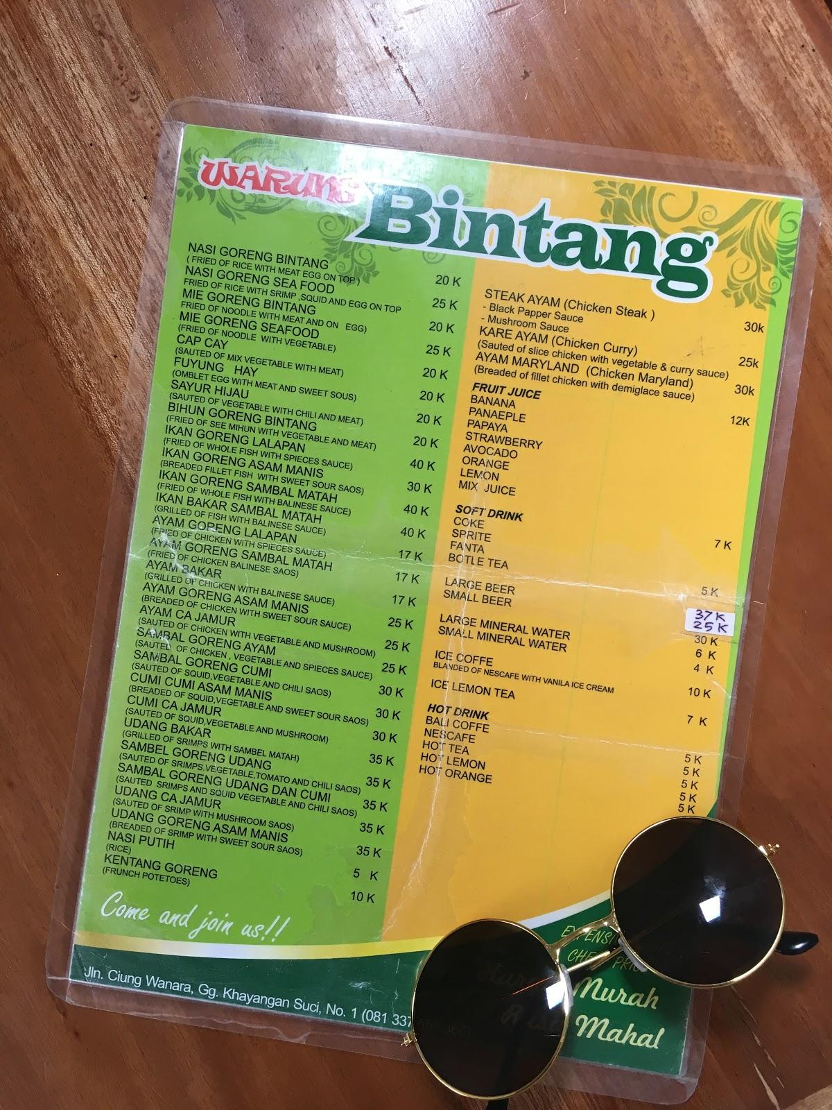 Menu at Warung Bintang restaurant, Kuta, Jl. Tegal Wangi Jl. Khayangan ...