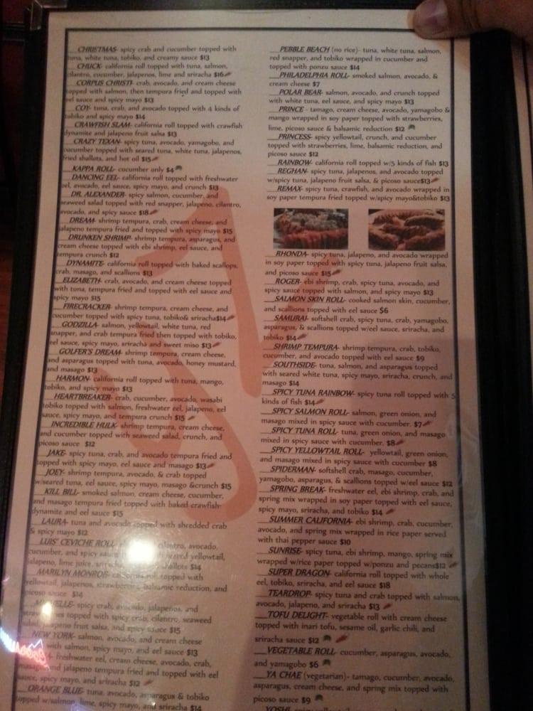 Menu at Yoshi Japanese Cuisine restaurant, Corpus Christi