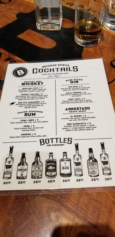 Menu at Bozeman Spirits Distillery pub & bar, Bozeman