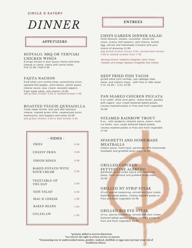 Menu at Circle D Restaurant, Escalante