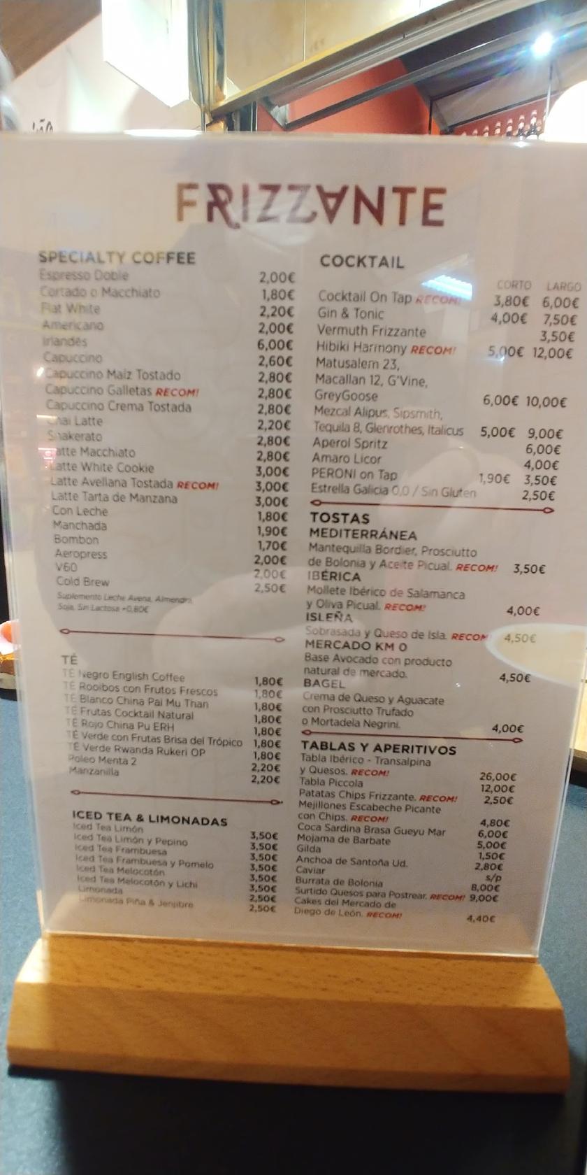 Menu at FRIZZANTE pub & bar, Madrid