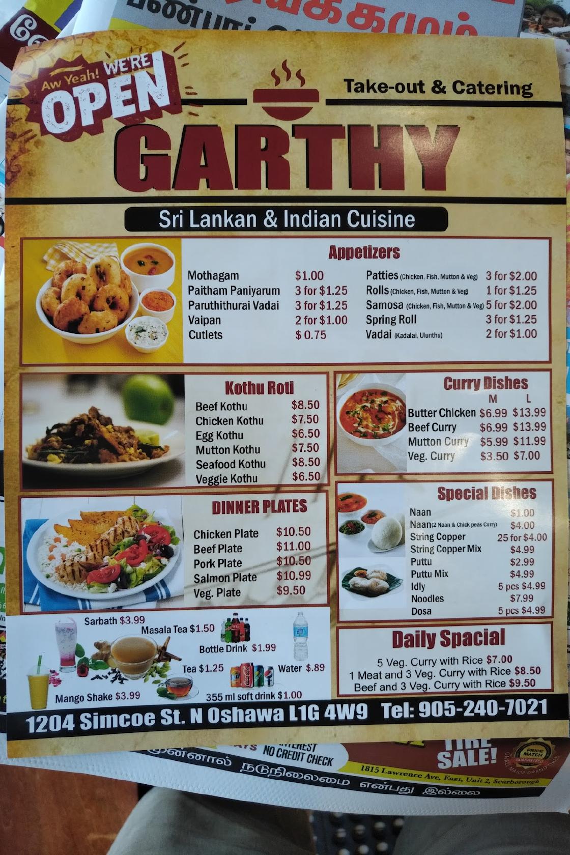 Menu at Garthy Takeout and Catering restaurant, Oshawa