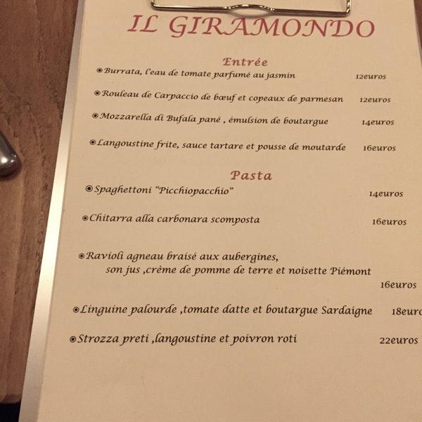 Menu at Il Giramondo restaurant, Paris