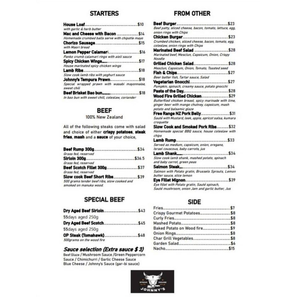 Carta de Johnny’s Steakhouse, Pukekohe
