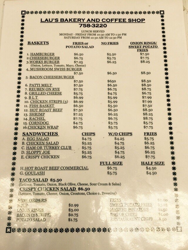 Menu at Lou's Czech Bakery, New Prague