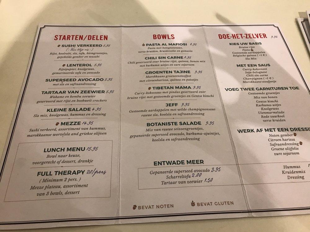 Menu at Le Botaniste, Ghent