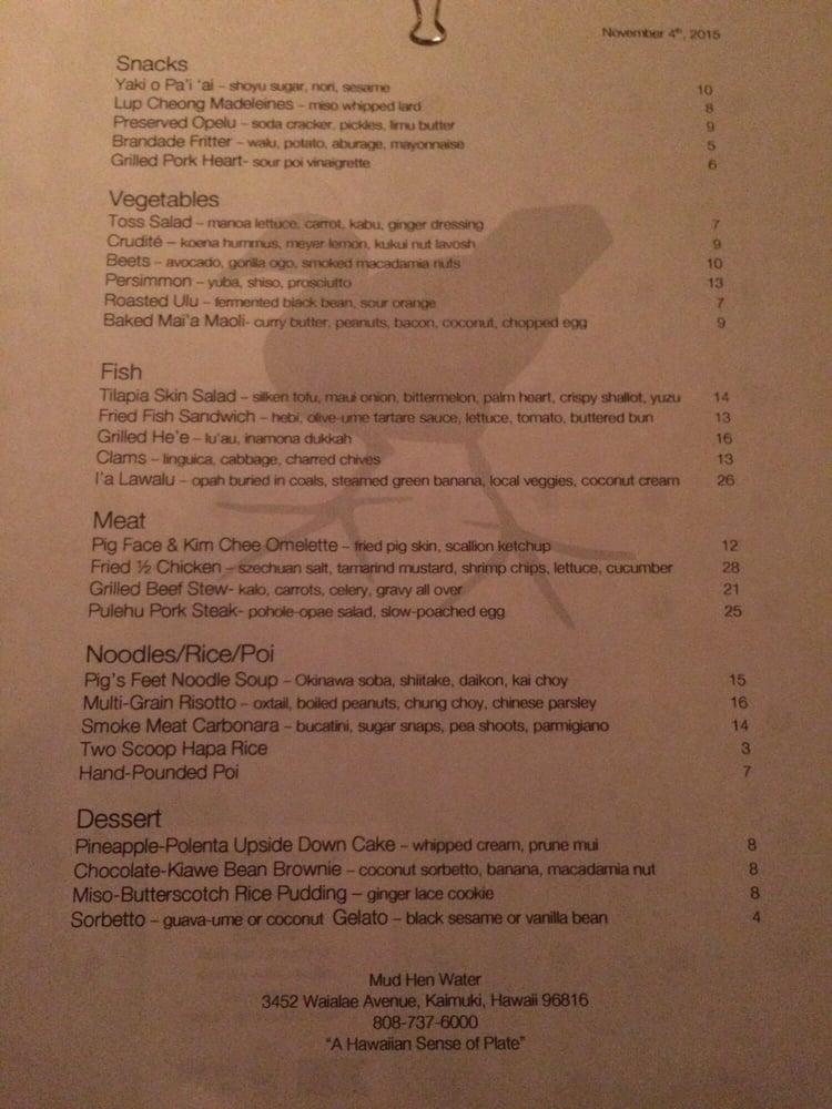 Menu at Mud Hen Water pub & bar, Honolulu, Waialae Ave