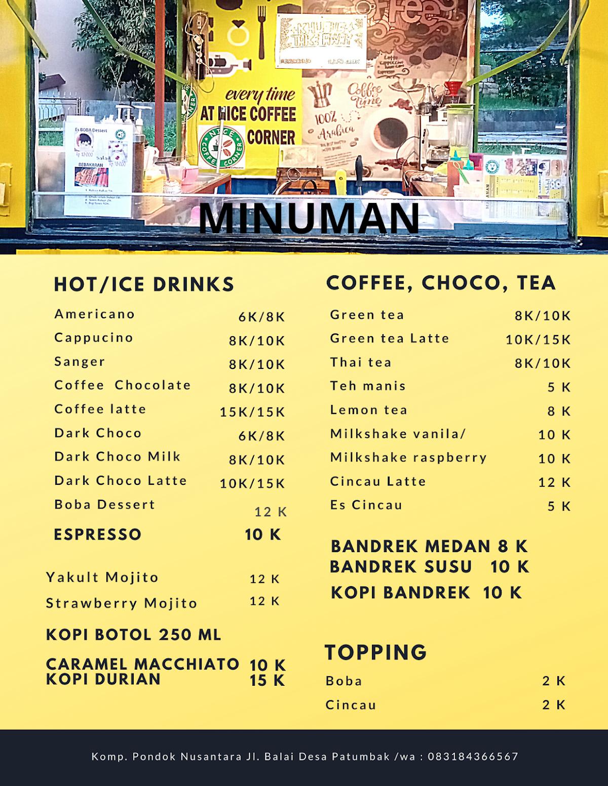 Menu at Nice coffee corner cafe, Medan