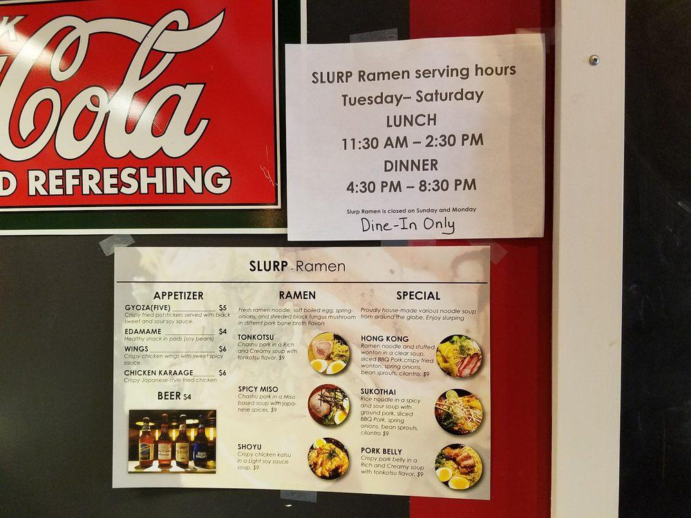Menu at Slurp Ramen restaurant, Fargo