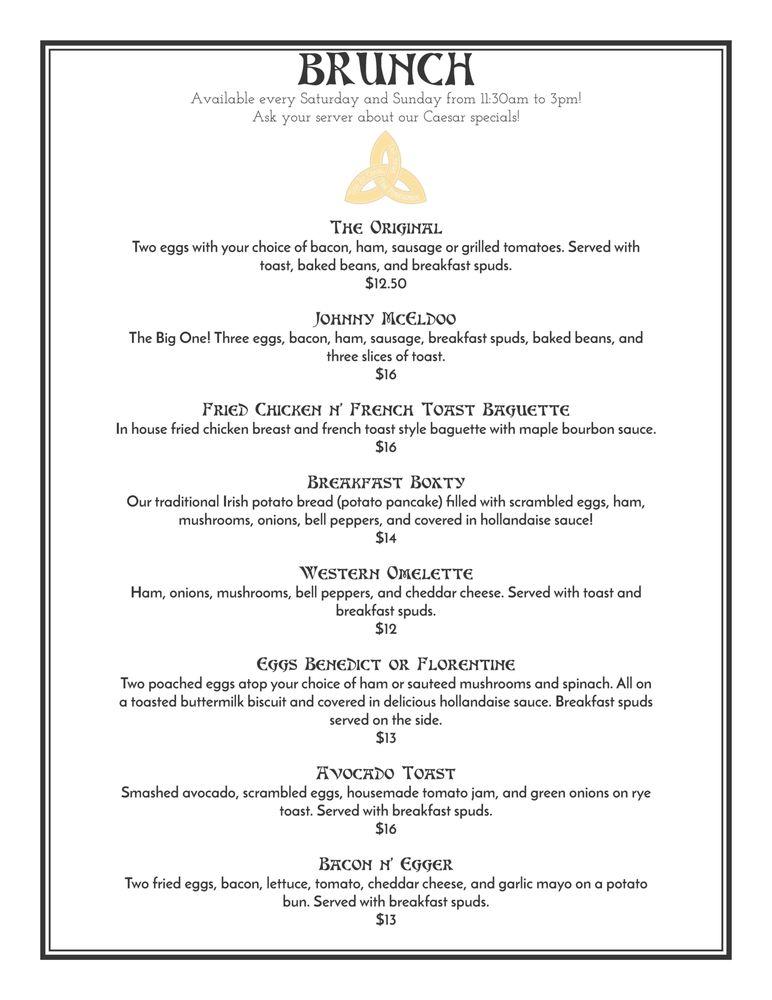 Menu at The Old Triangle Irish Alehouse pub & bar, Moncton