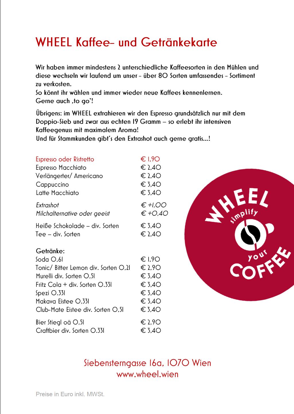 Speisekarte von WHEEL - Simplify your Coffee cafe, Wien