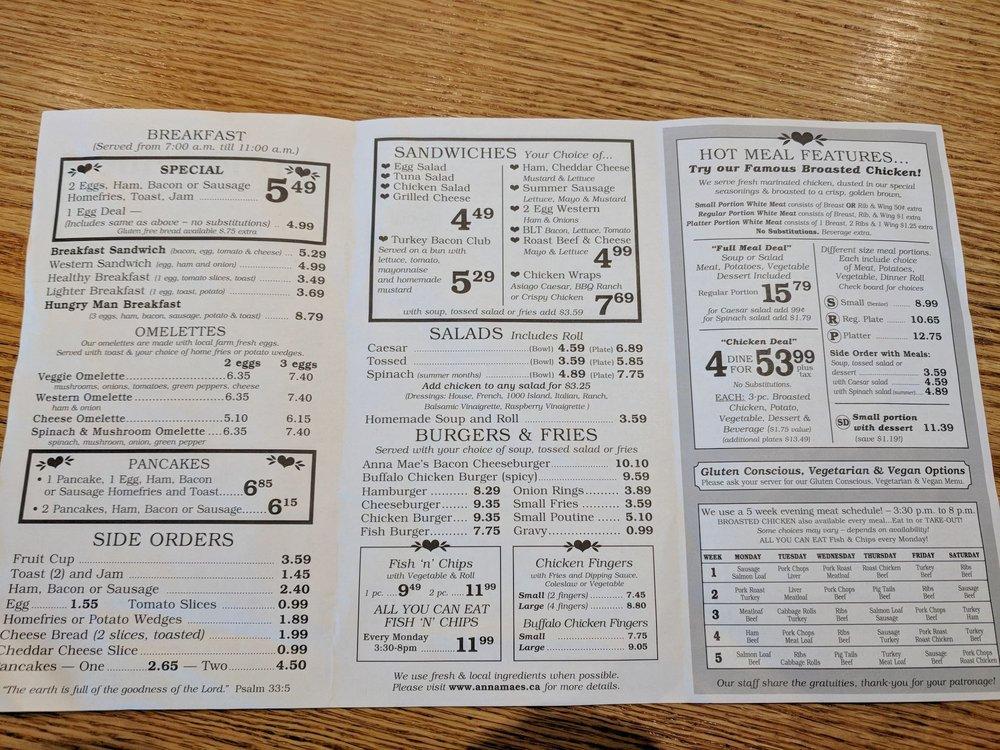 Menu at Anna Mae's Bakery & Restaurant, Millbank