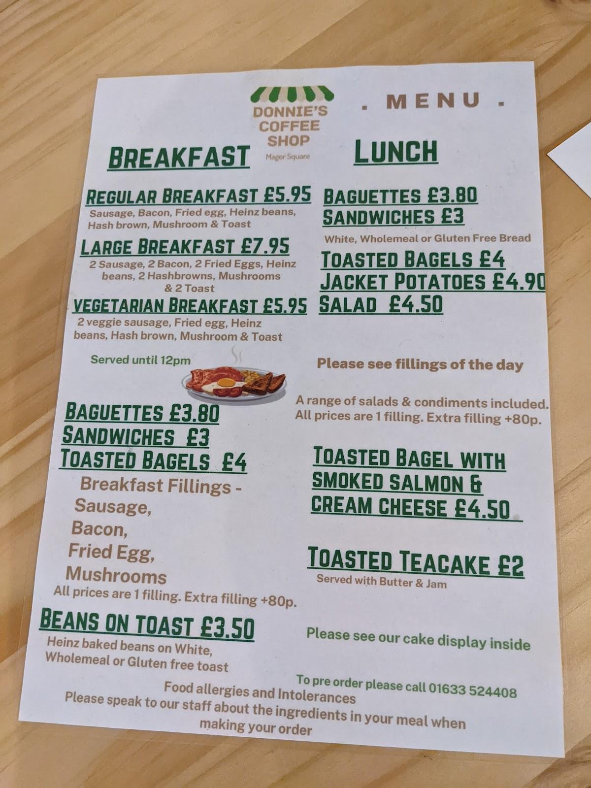 Menu at Donnie's Coffee Shop cafe, Magor, Post Office Cottage