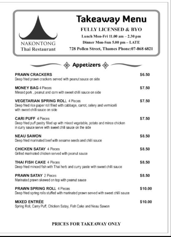 Menu at Nakontong Thai restaurant, Thames