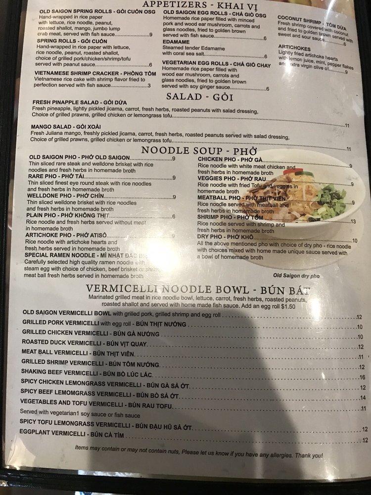 Menu at Old Saigon Cafe, Houston