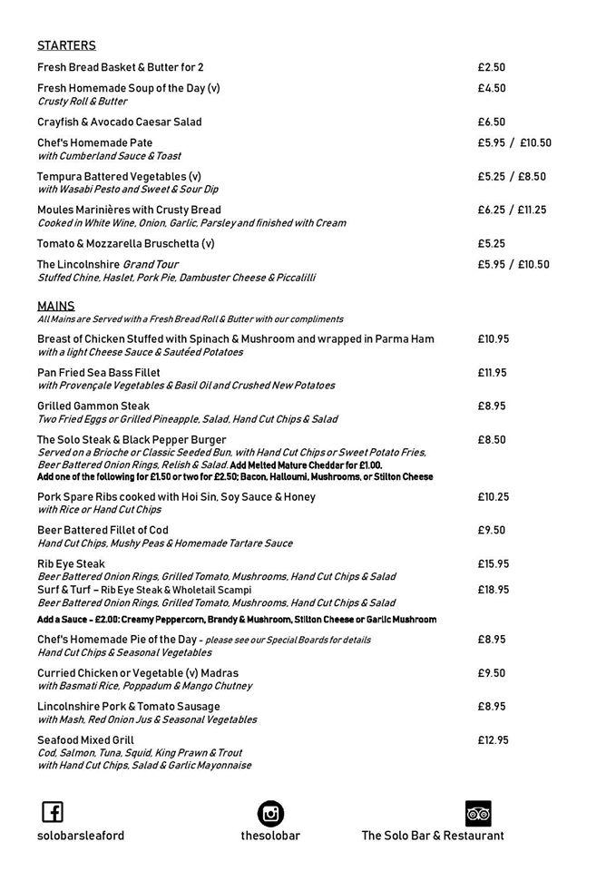 Menu at The SOLO bistro bar hotel, Sleaford