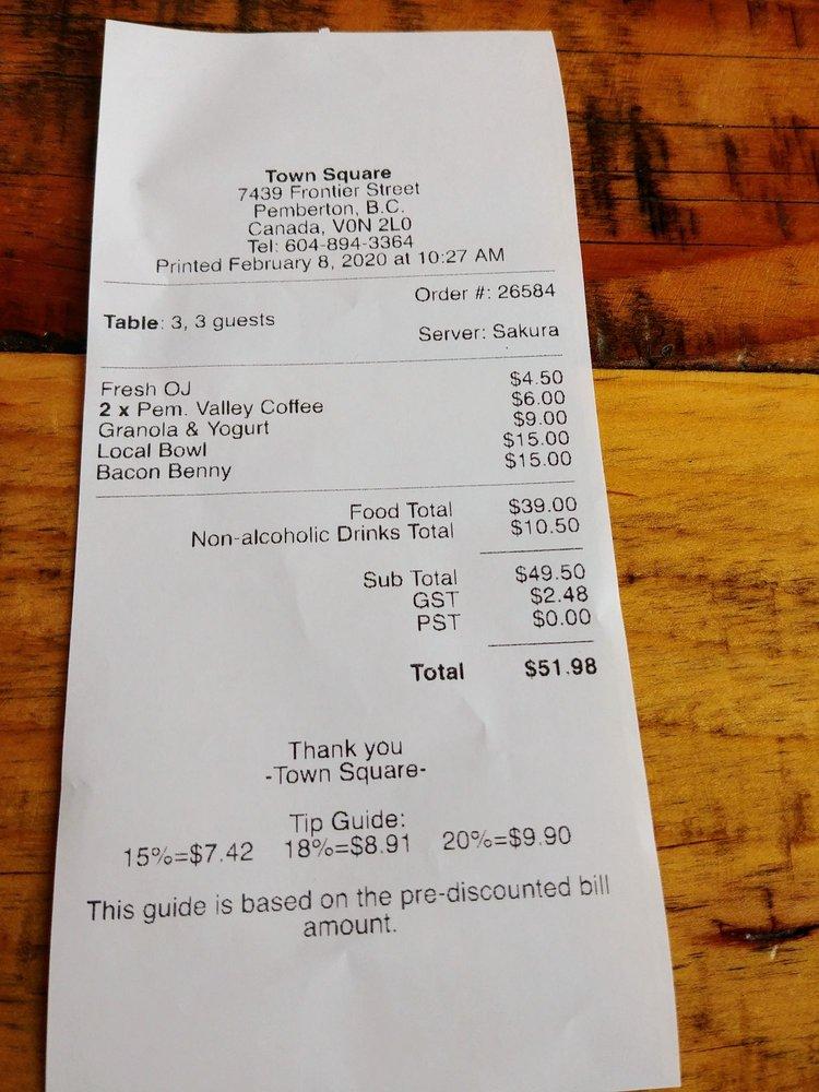 Menu at Town Square Restaurant, Pemberton