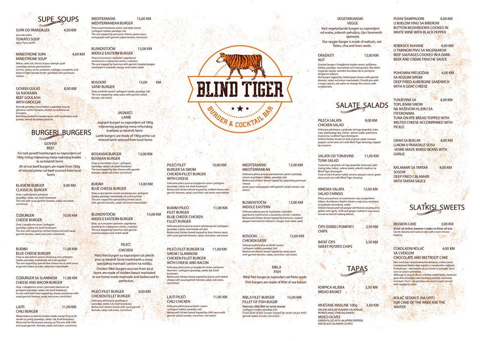 Menu at Blind Tiger restaurant, Sarajevo