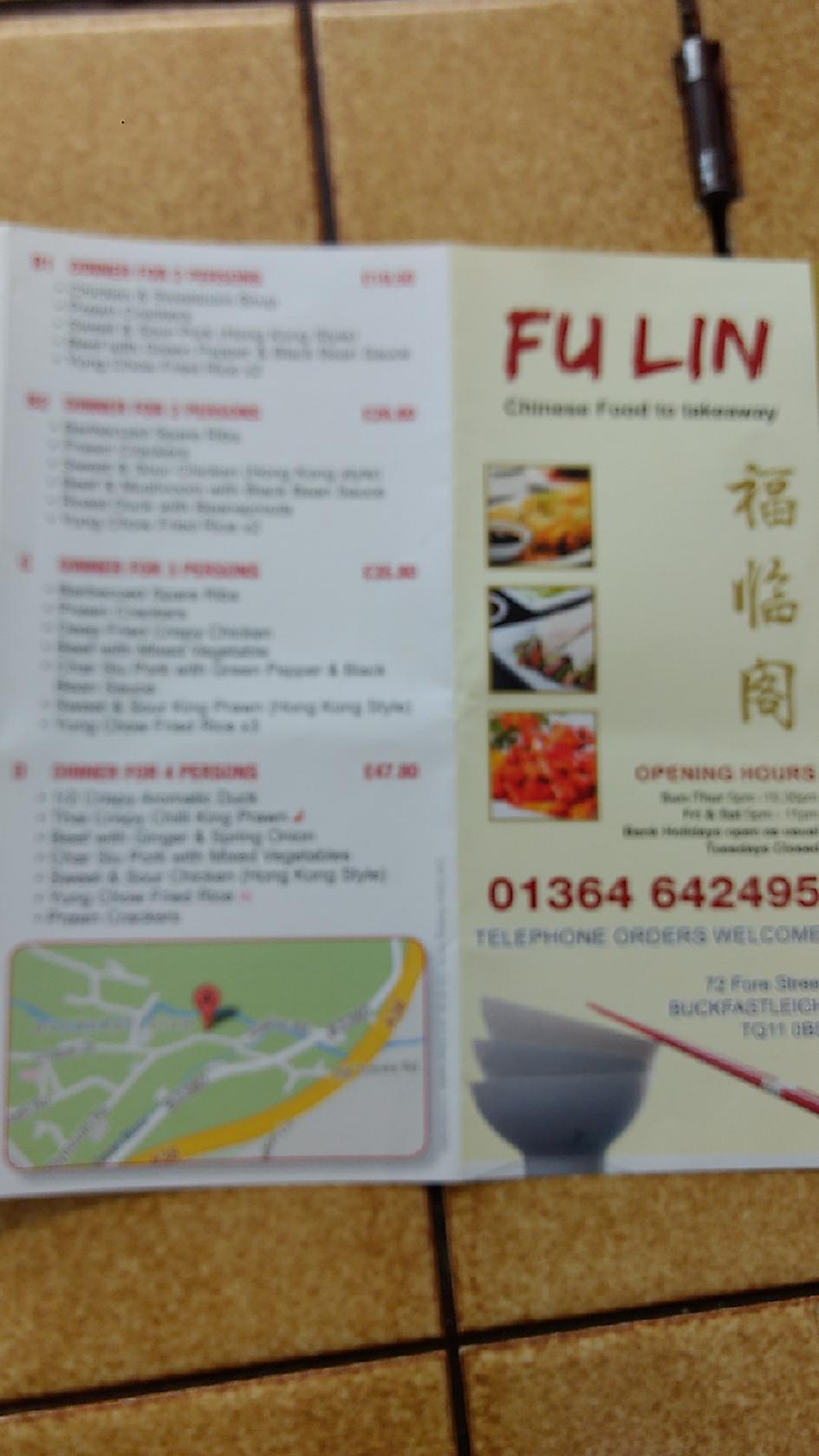 Menu at Fu Lin fast food, Buckfastleigh