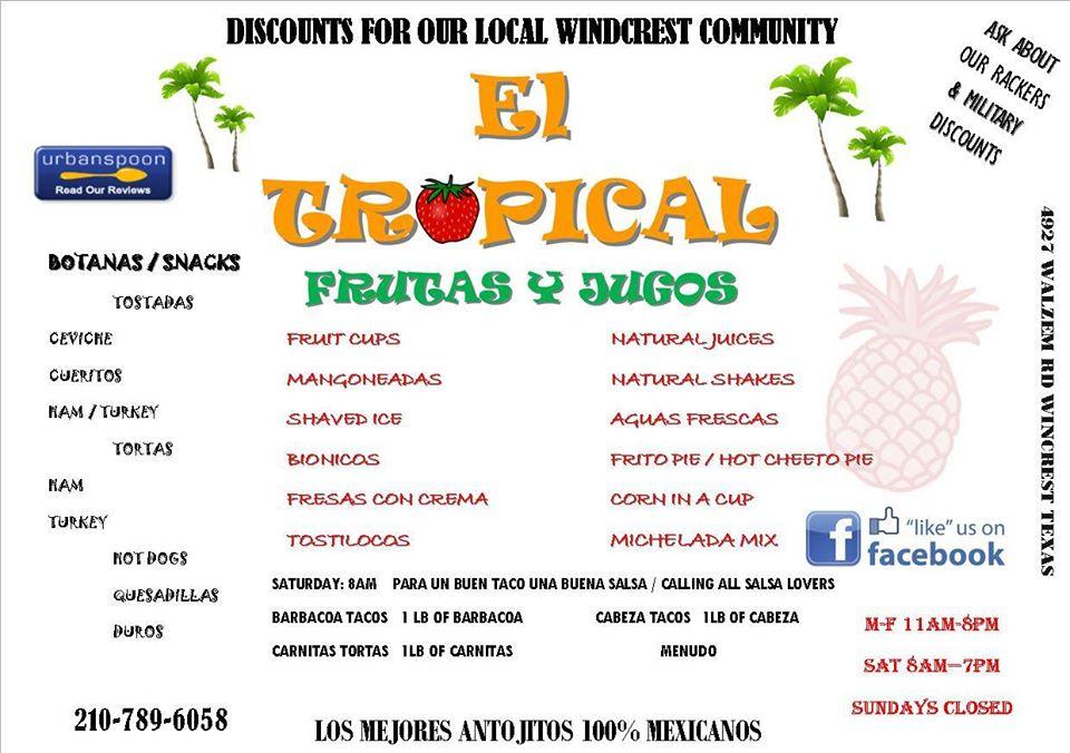 Menu at El Tropical Frutas y Jugos pub & bar, Windcrest