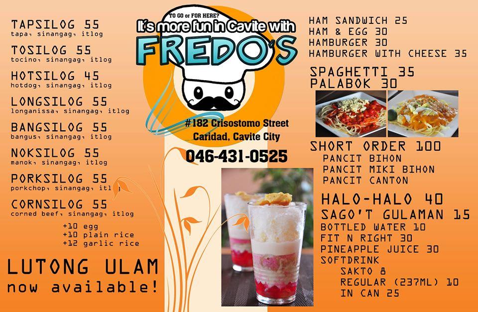 Menu at Fredos Cavite restaurant, Cavite City