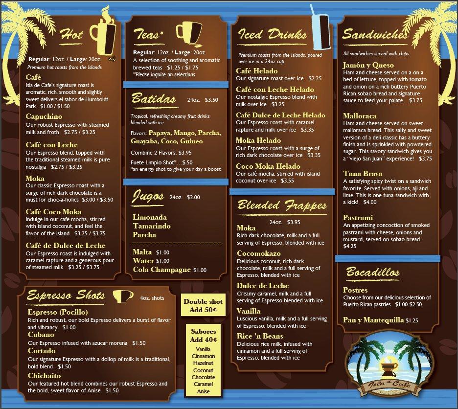 Menu at Isla de Cafe, Chicago