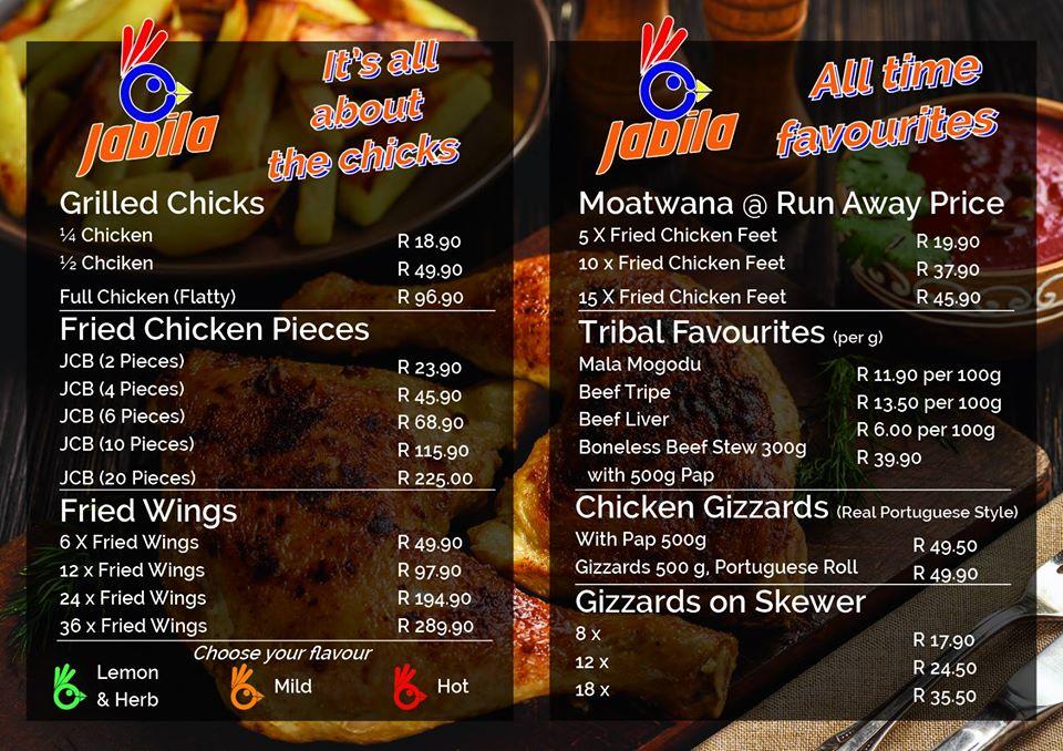 Menu at Jabila Chicken & Braai restaurant, Middelburg