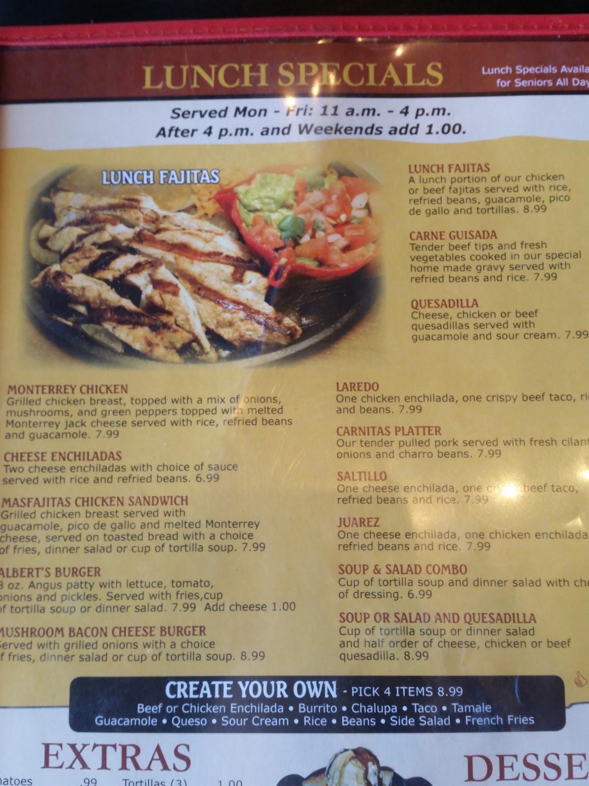 Menu at Masfajitas restaurant, Round Rock, Joe Dimaggio Blvd