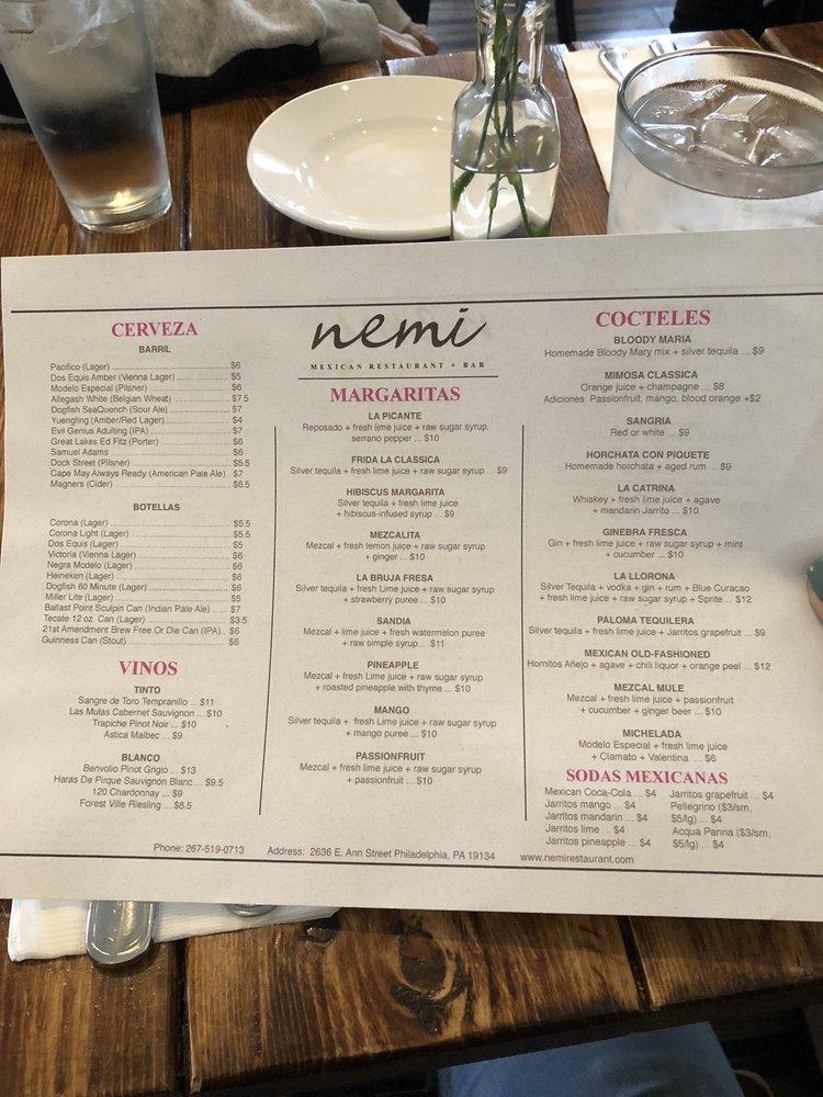 Menu at Nemi restaurant, Philadelphia