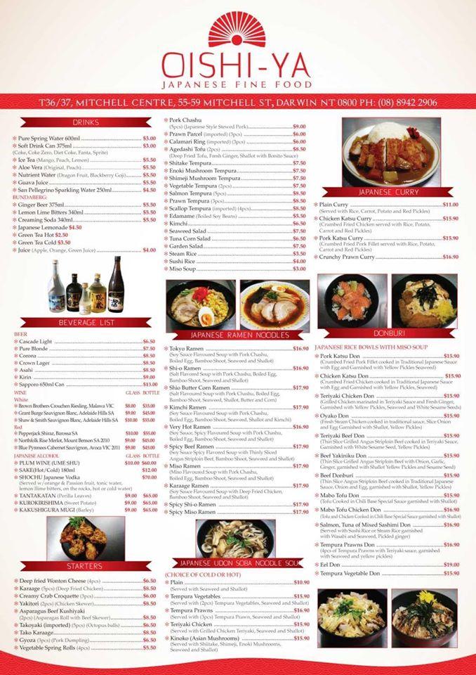 Menu at Oishi Ya Japanese: Sushi Train restaurant, Darwin City